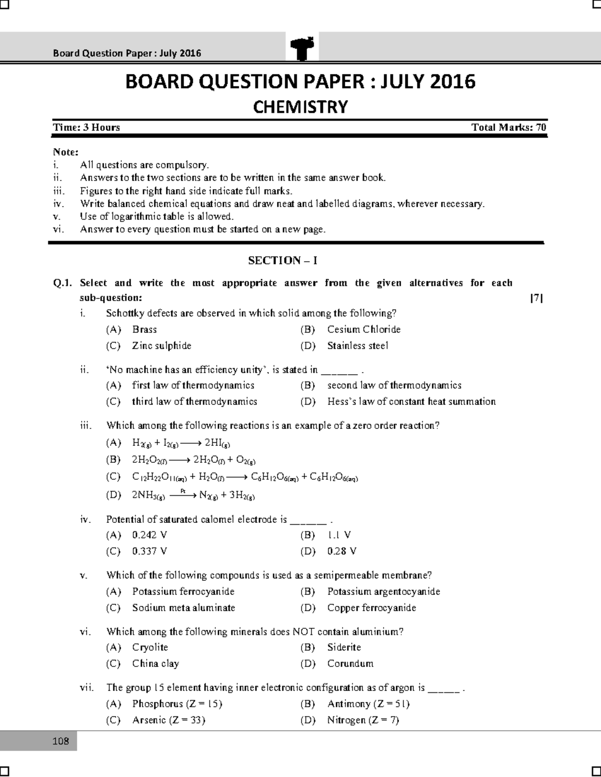 Hsc 2016 july chemistry - Board Question Paper : July 2016 BOARD ...