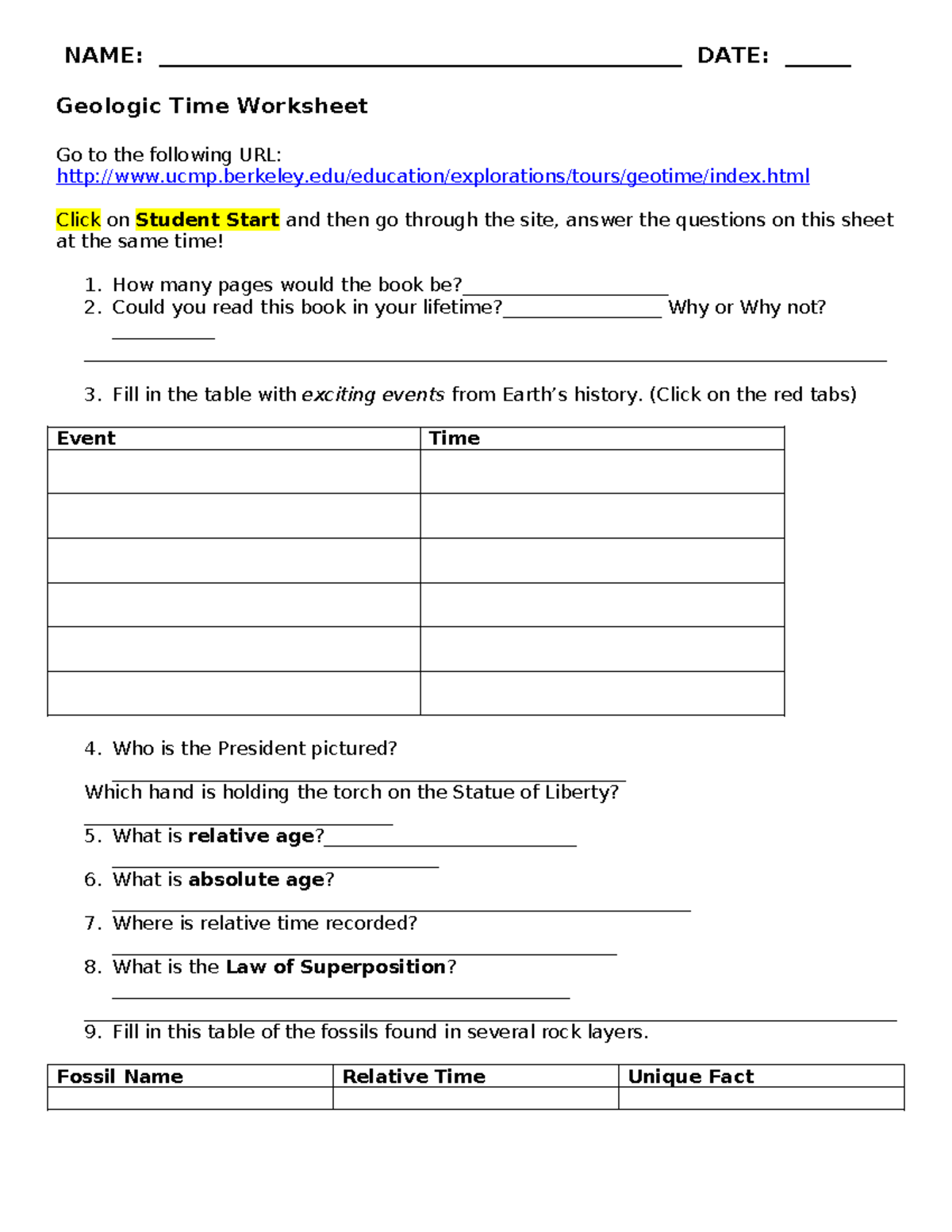 Geologic Time Worksheet with website for answers - NAME: - Studocu