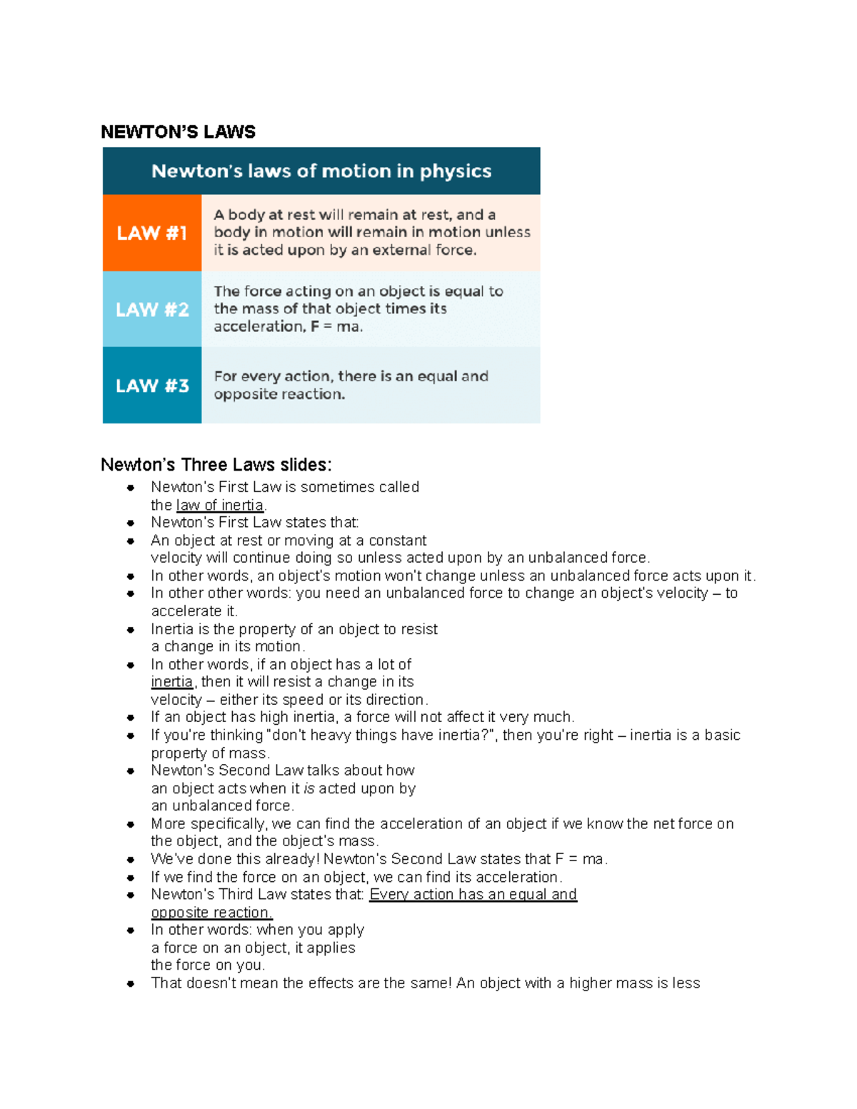 Science cheat sheet - notes - NEWTON’S LAWS Newton’s Three Laws slides ...