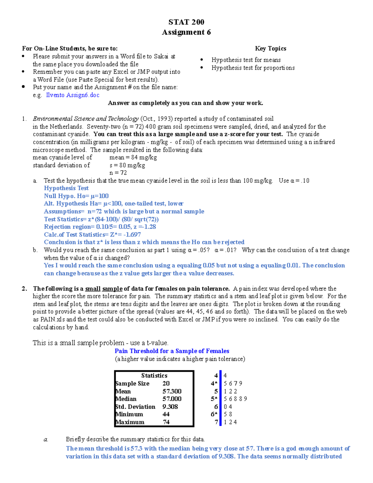 STAT200 Assignment 6-Answers - STAT 200 Assignment 6 For On-Line ...