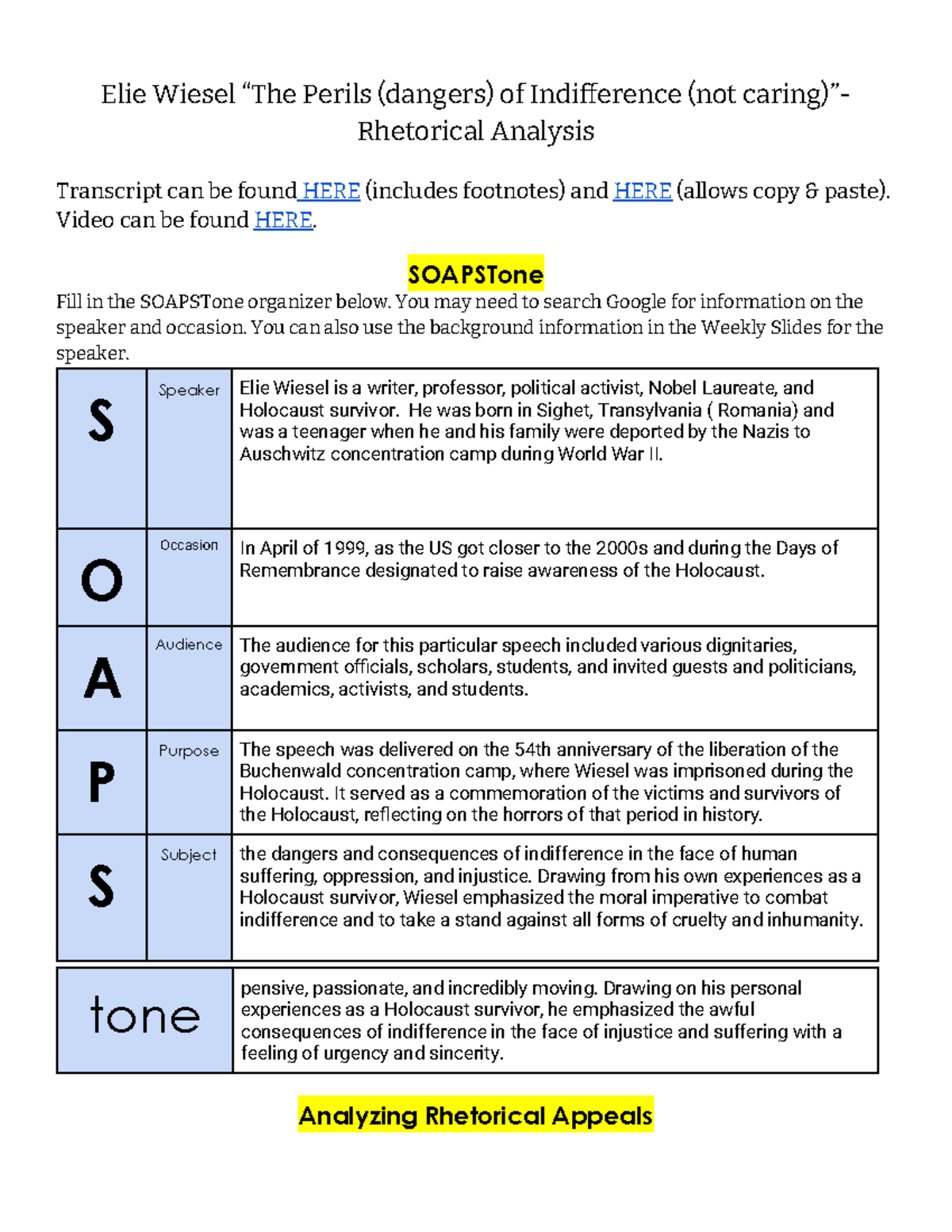 Perils of Indifference Analysis Eng2H (Unit 2) - Elie Wiesel “The ...