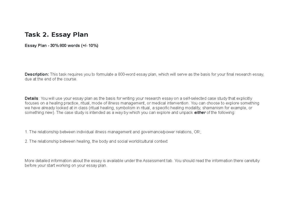 Task 2 - assignment - Task 2. Essay Plan Essay Plan - 30% 800 words ...