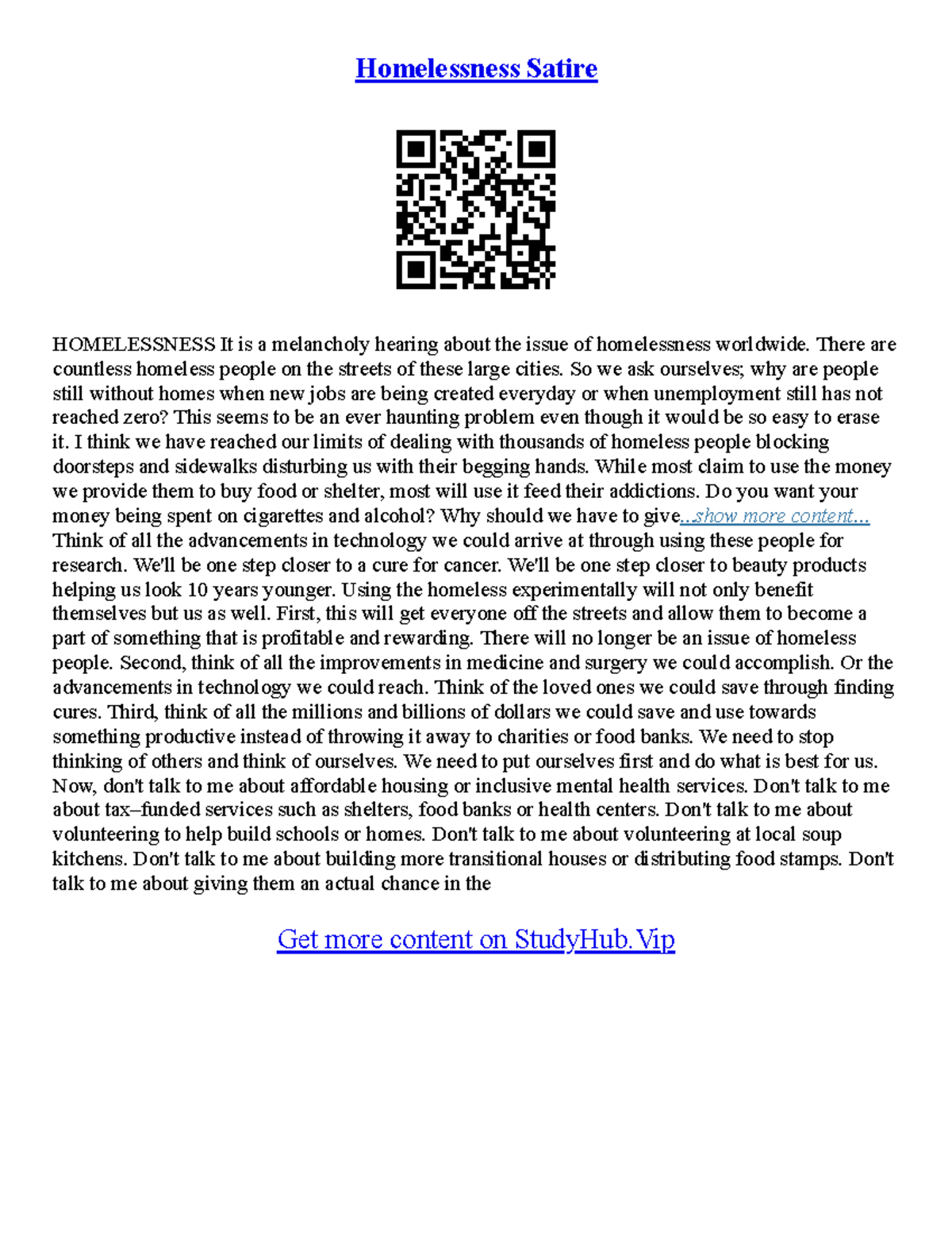 Satirical Essay - Homelessness Satire HOMELESSNESS It is a melancholy ...