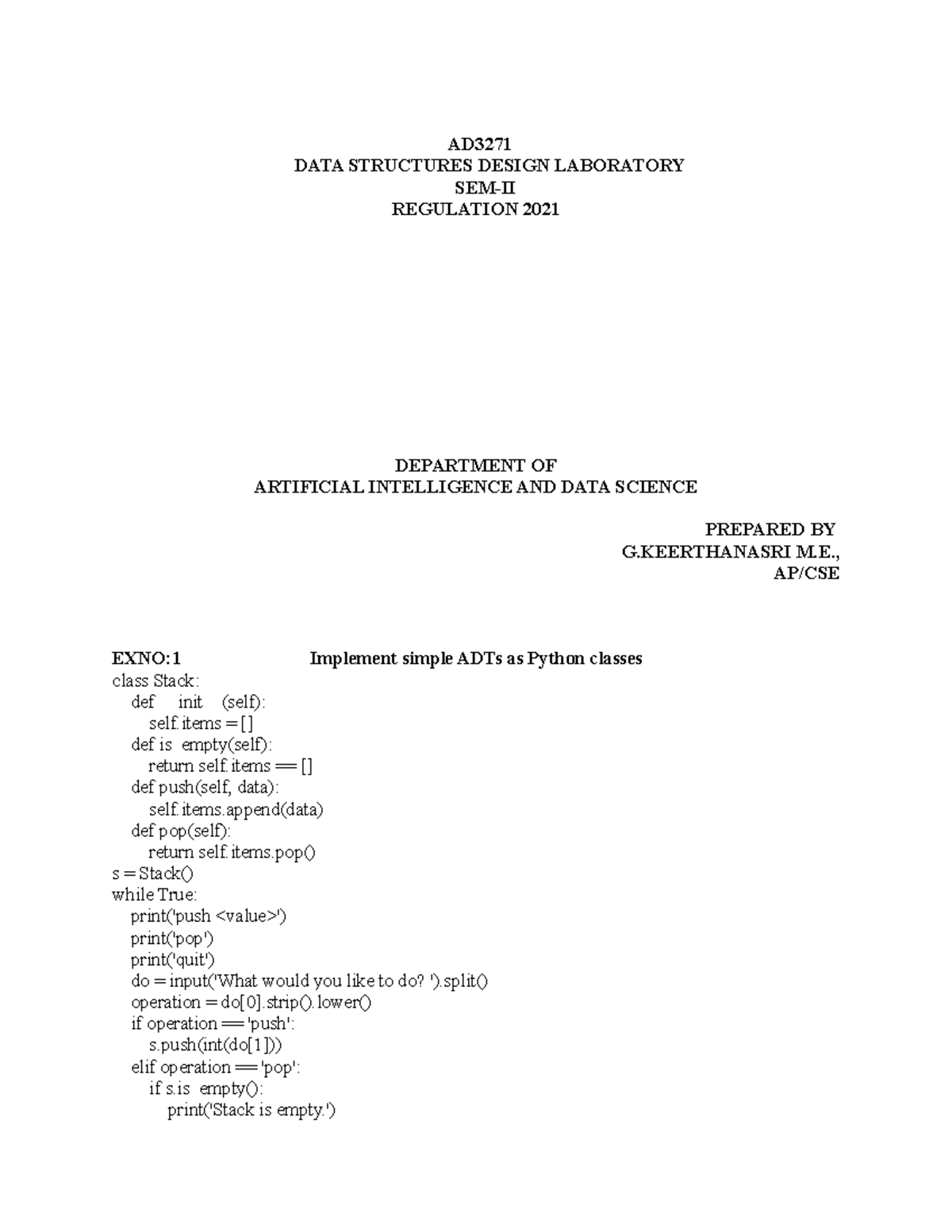 Ad3271 printout - AD DATA STRUCTURES DESIGN LABORATORY SEM-II REGULATION 2021 DEPARTMENT OF ...