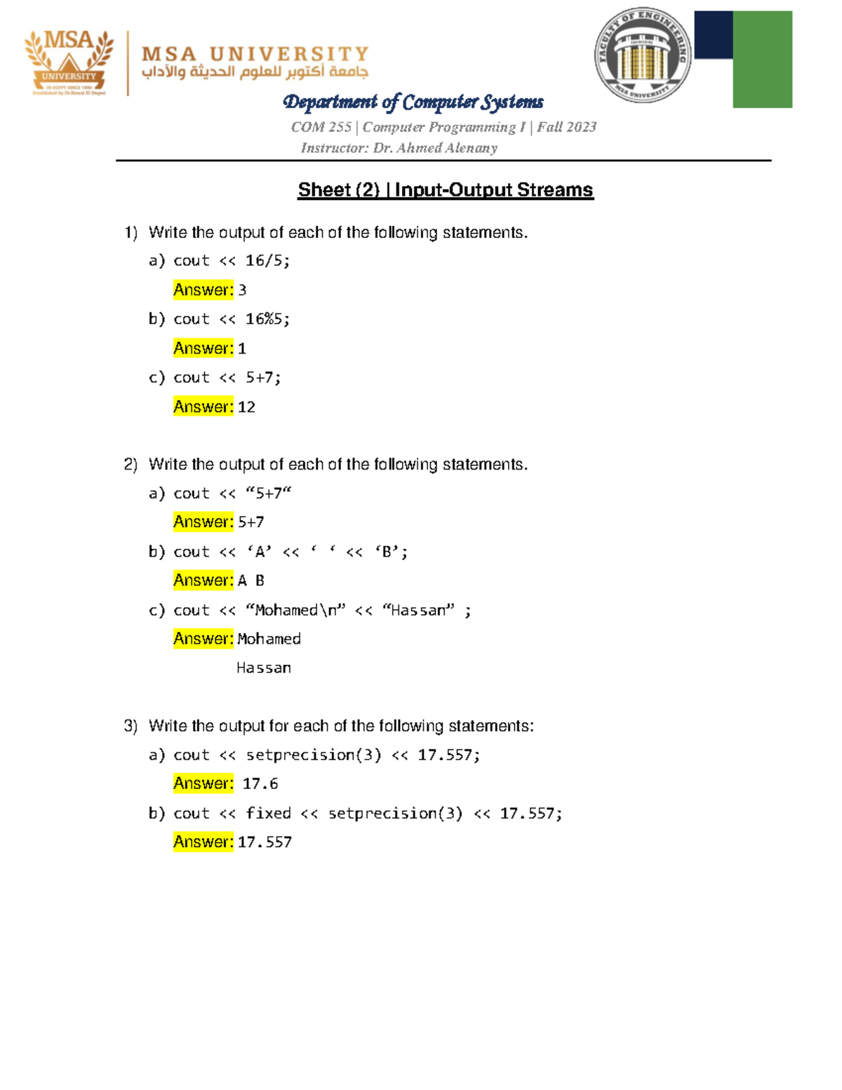 Sheet 2 - Ans - COM 255 | Computer Programming I | Fall 2023 Instructor ...