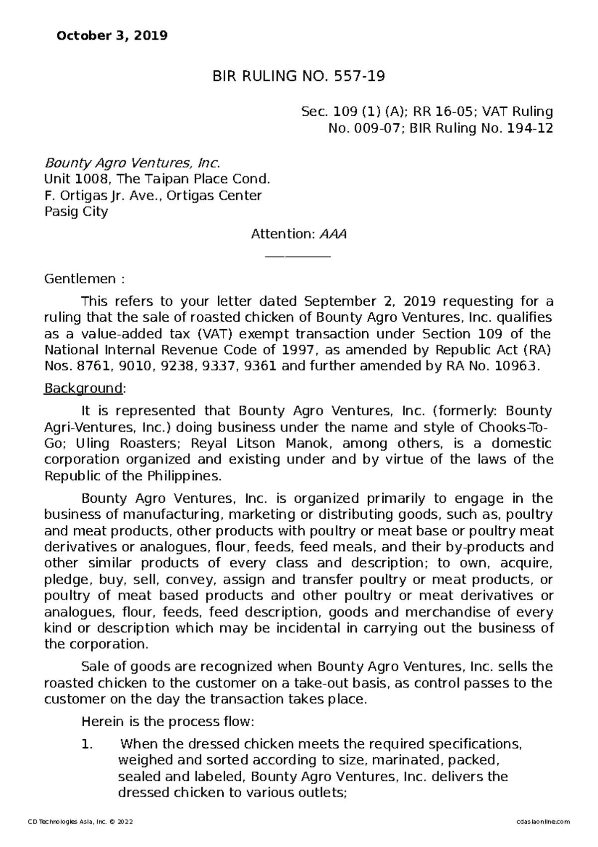 BIR Ruling No. 557-2019 - October 3, 2019 BIR RULING NO. 557- Sec. 109 ...