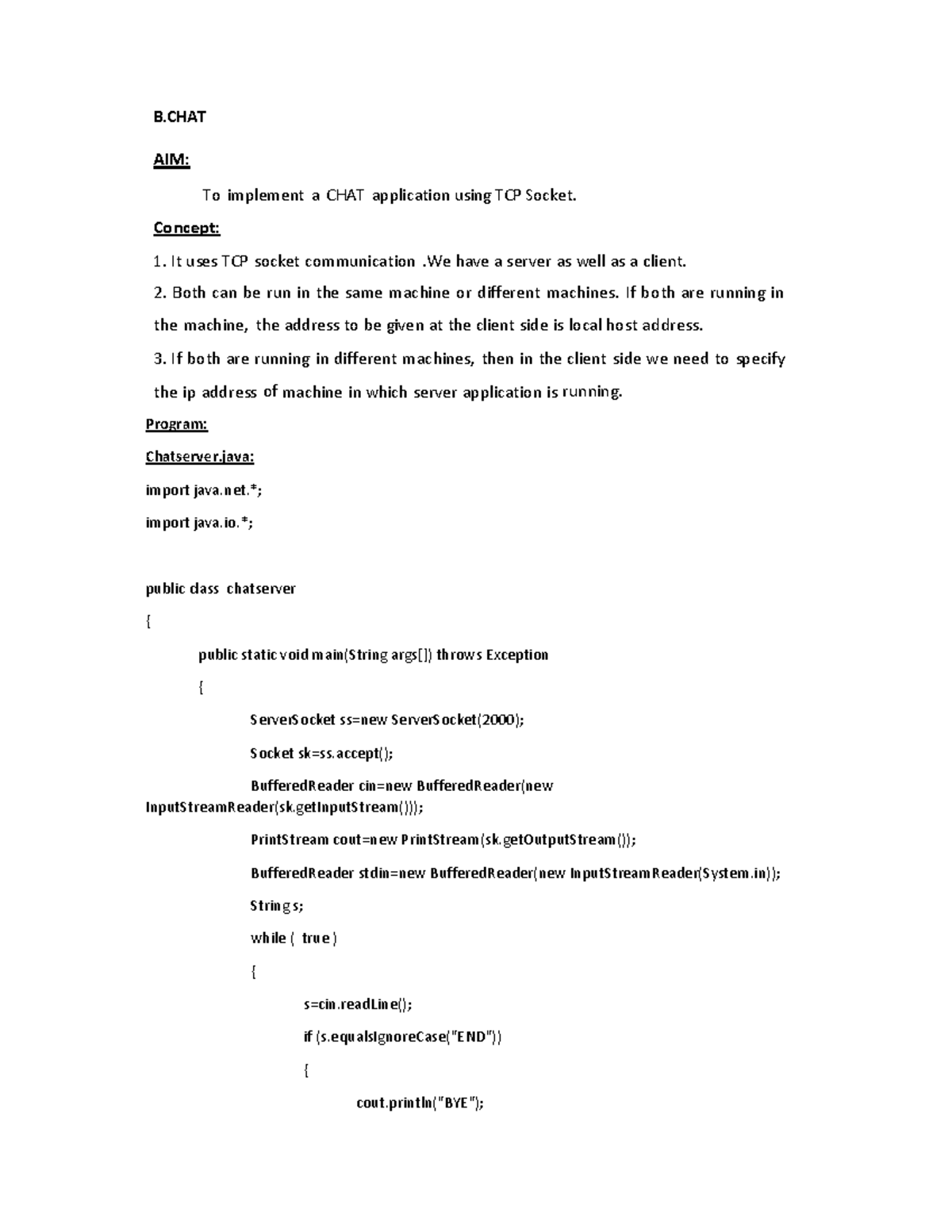 3B - Chat - gsds fhn - B AIM: To implement a CHAT application using TCP Socket. Concept: 1. It ...