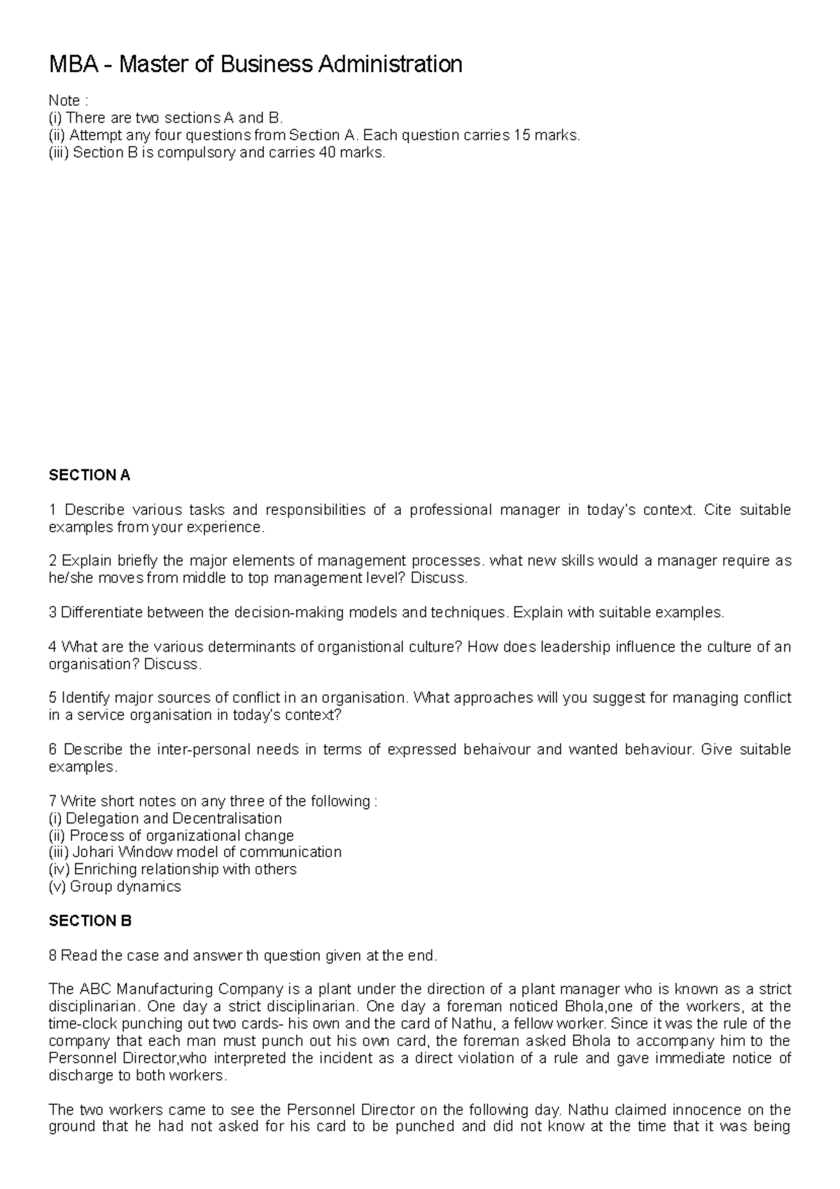 MS-1 Management Functions and Behaviour Previous Paper - MBA - Master of Business Administration ...