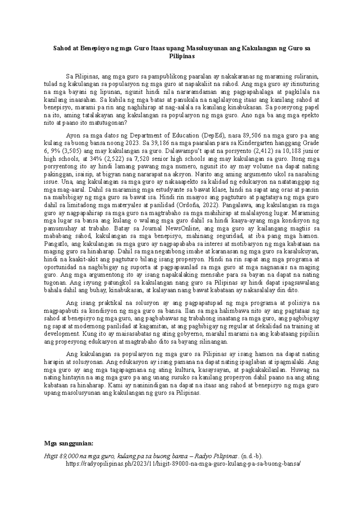 Posisyong Papel - Sahod at Benepisyo ng mga Guro Itaas upang Masolusyunan ang Kakulangan ng Guro ...