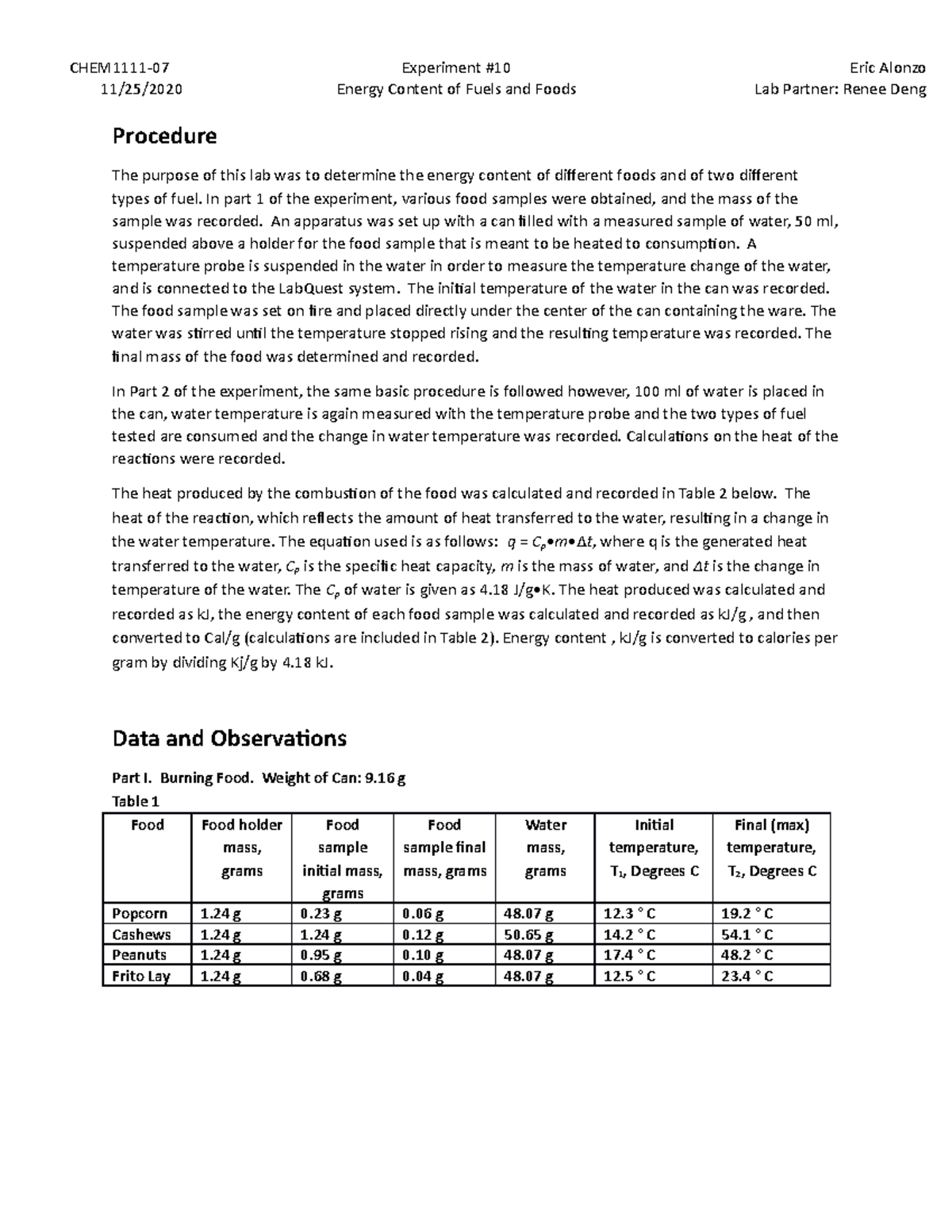 Energy Contentof Food Lab 10 - 11/25/2020 Energy Content of Fuels and ...