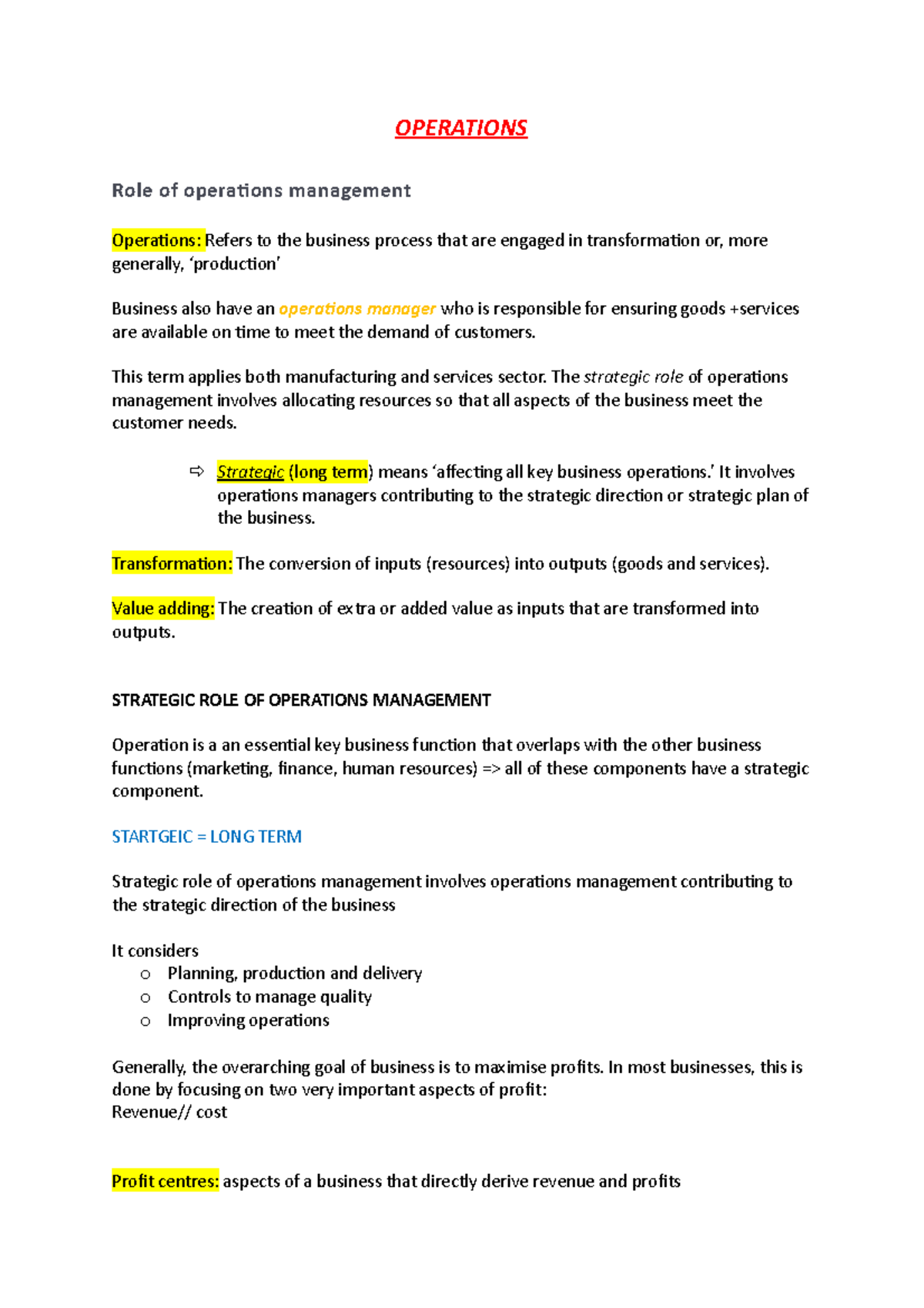Operations - OPERATIONS Role of operations management Operations ...