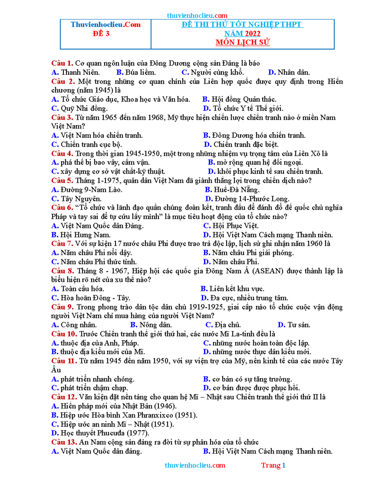 Thuvienhoclieu - èvrthgt - Thuvienhoclieu ĐỀ 3 ĐỀ THI THỬ TỐT NGHIỆP THPT NĂM 2022 MÔN LỊCH SỬ ...