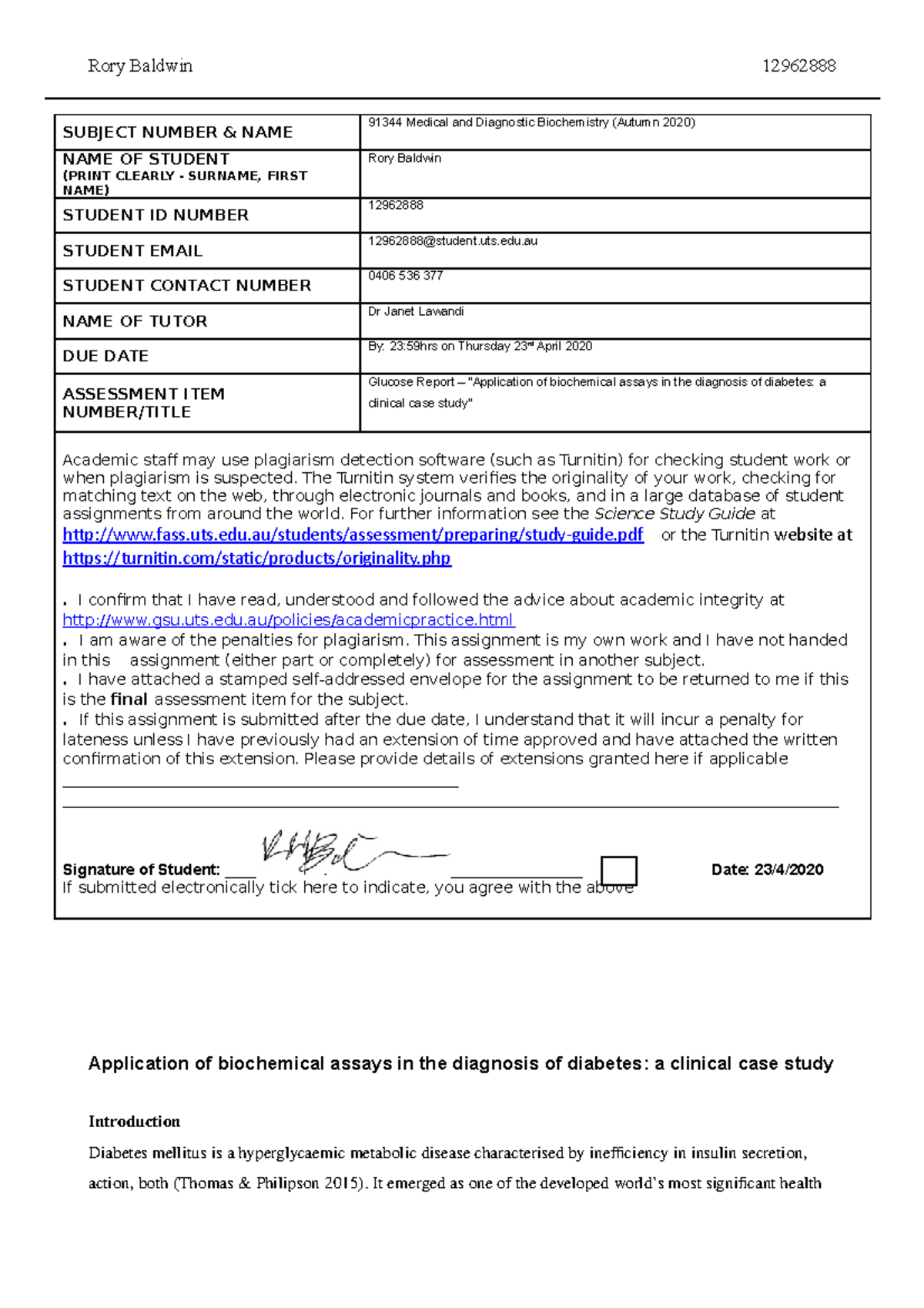 Glucose Practical Report - SUBJECT NUMBER & NAME 91344 Medical and ...