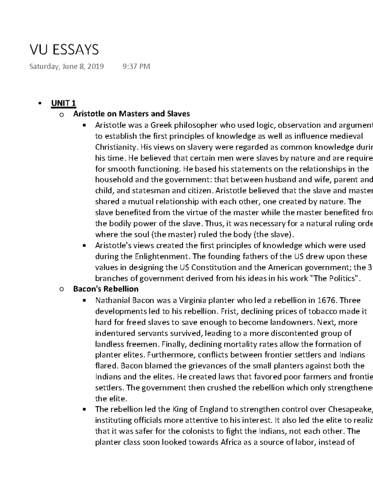 Essays-1 - history notes - UNIT 1 Aristotle on Masters and Slaves ...