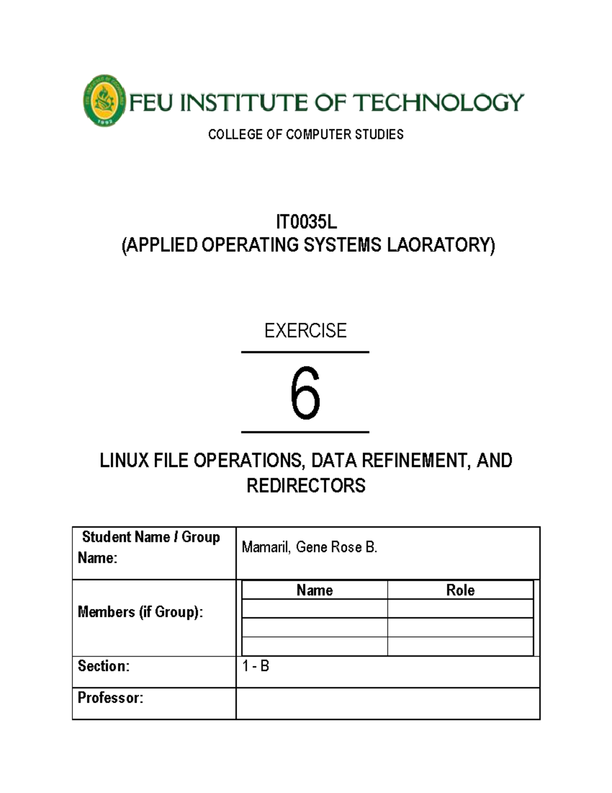 Mamaril Gene Laboratory Exercise 6 Linux File Operations Refinement and Redirectors - IT0035L ...