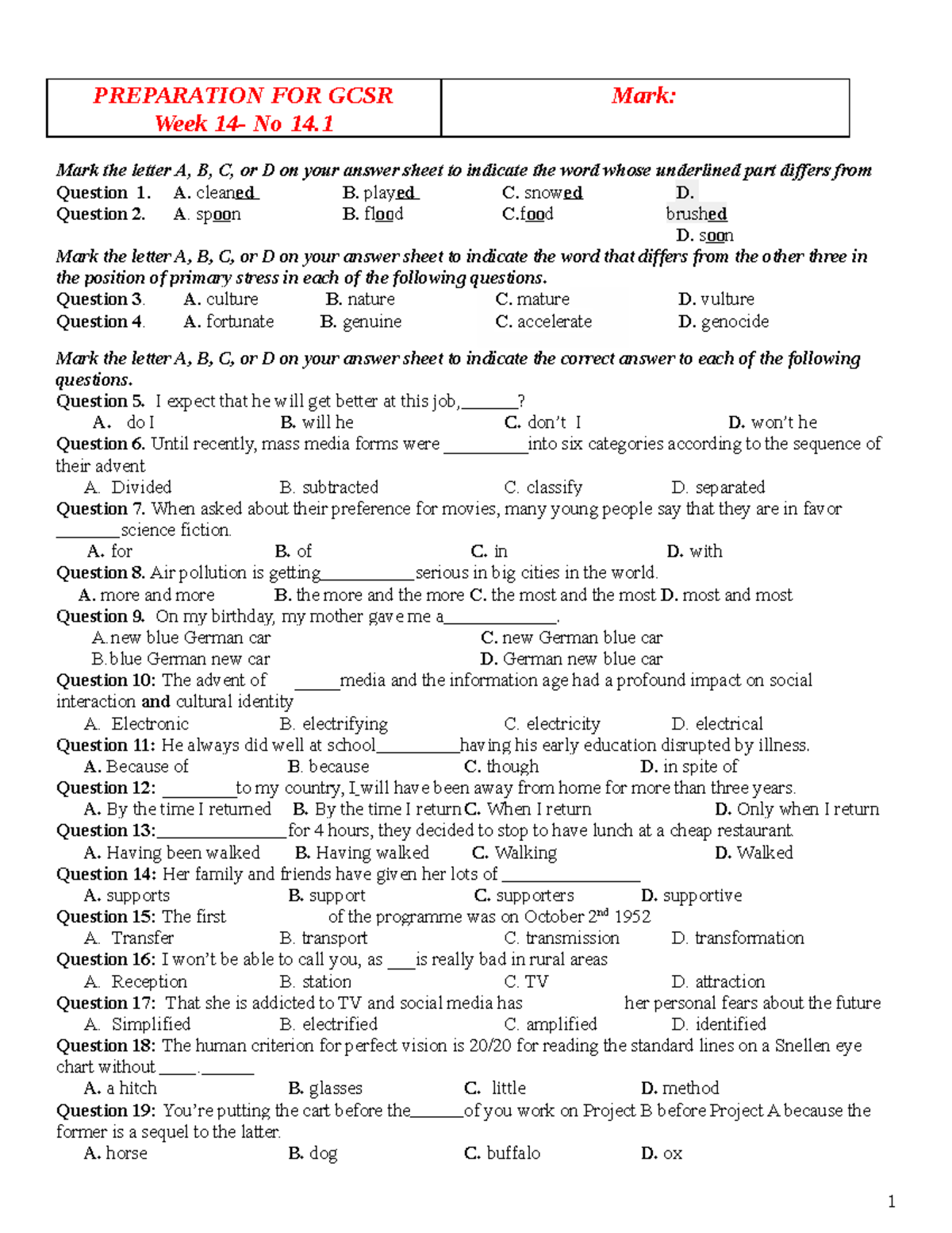 In Class WEEK 14 HS - PREPARATION FOR GCSR Week 14- No 14. Mark: Mark ...