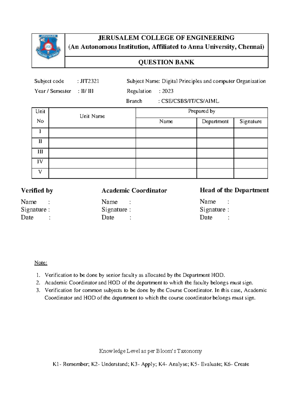 Dpco Qb Unit 1 Digital Principles Of Computer Organization Subject Code Jit2321 Subject