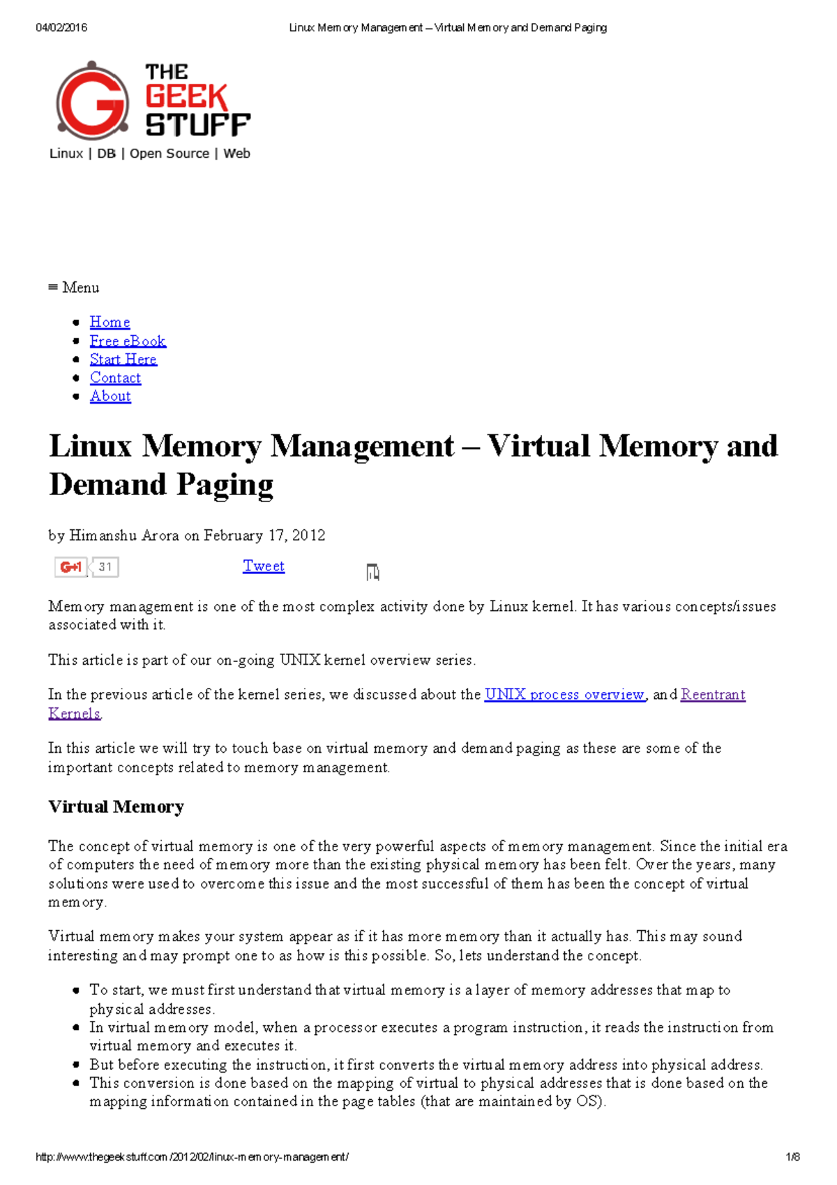 Linux Memory Management Virtual Memory and Demand Paging - 31 ≡ Menu Home Free eBook Start Here ...