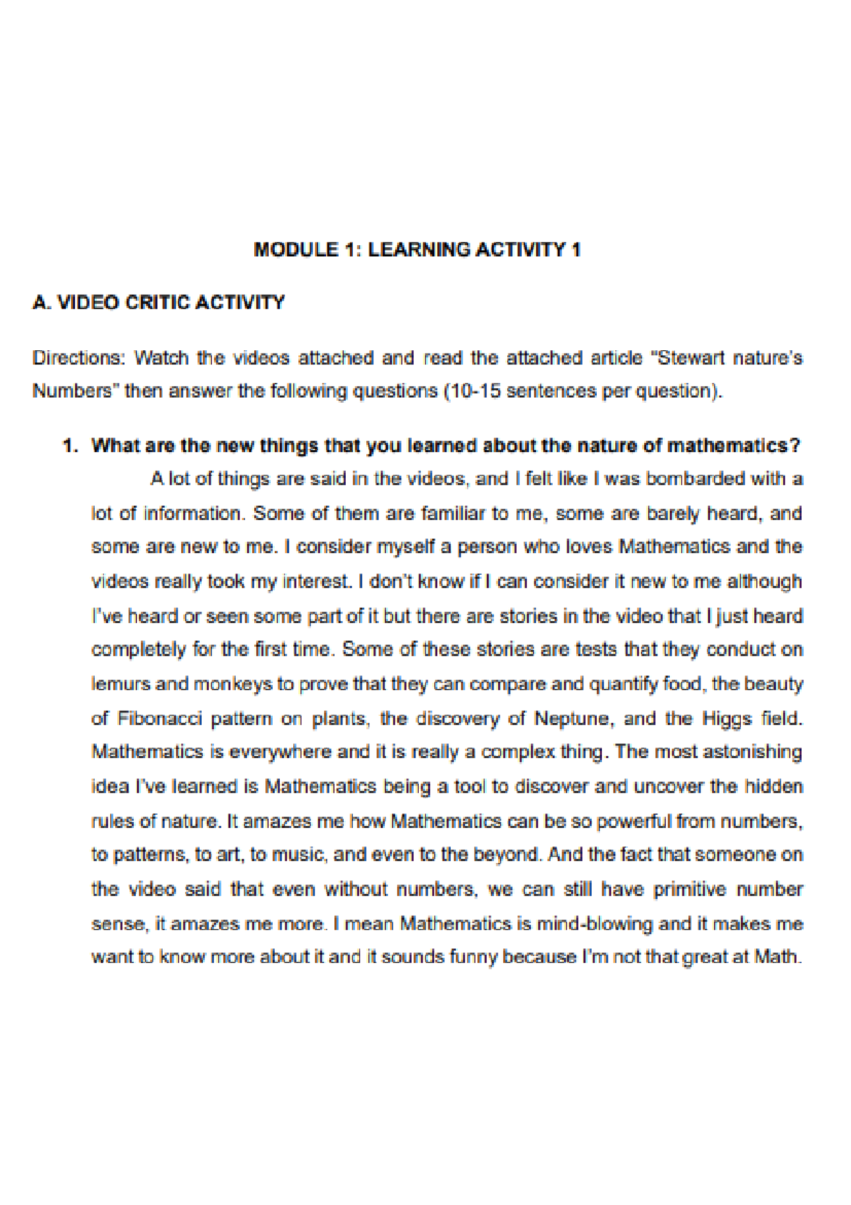 Mathematics reflection - MODULE 1: LEARNING ACTIVITY 1 A. VIDEO CRITIC ...
