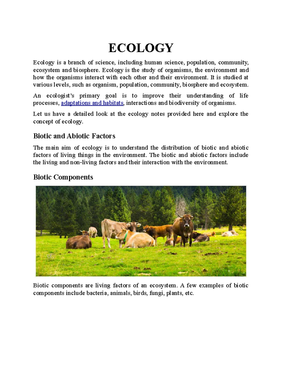Ecology - ECOLOGY Ecology is a branch of science, including human ...