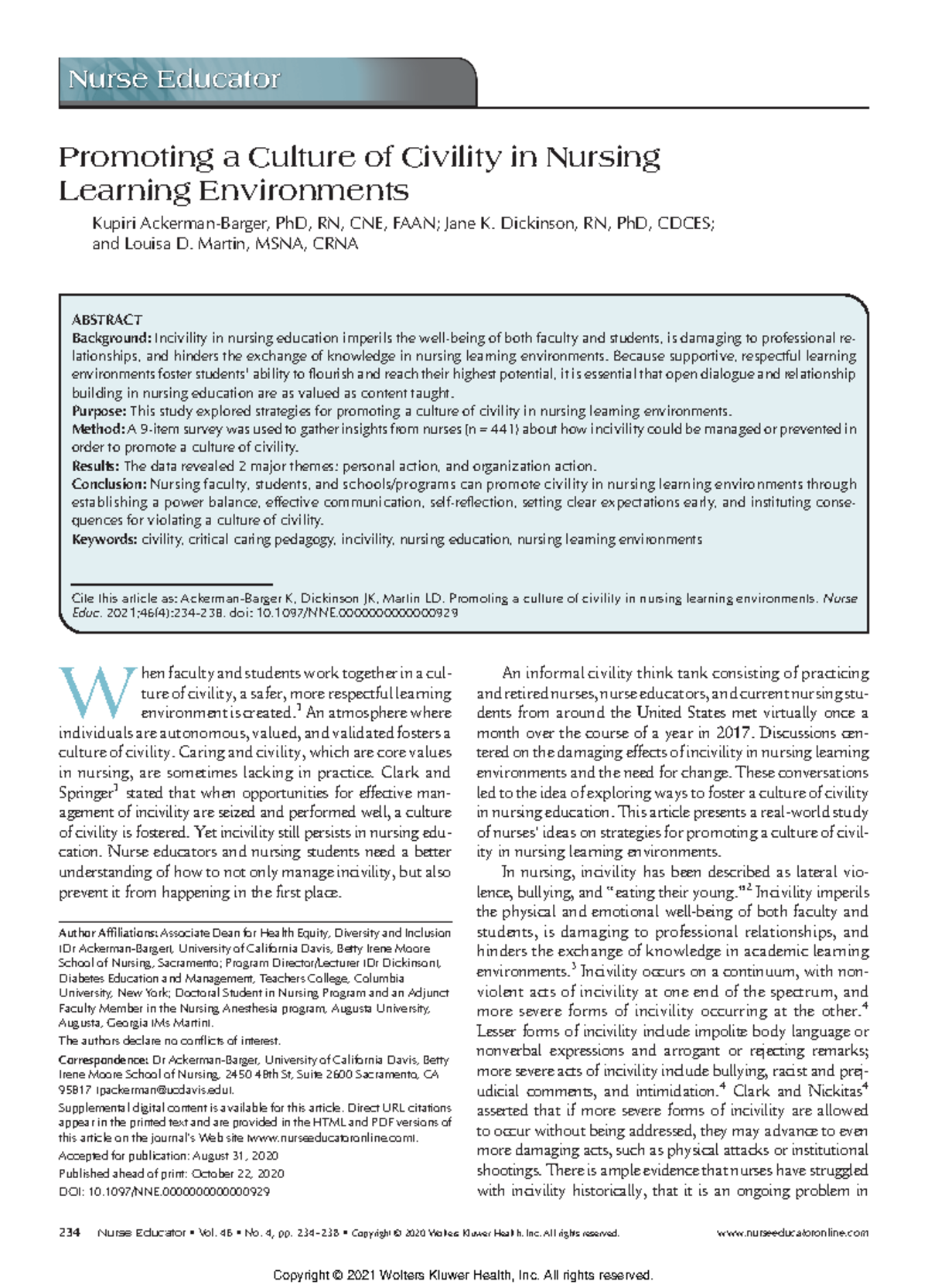 Promoting a Culture of Civility in Nursing Learning Environments ...