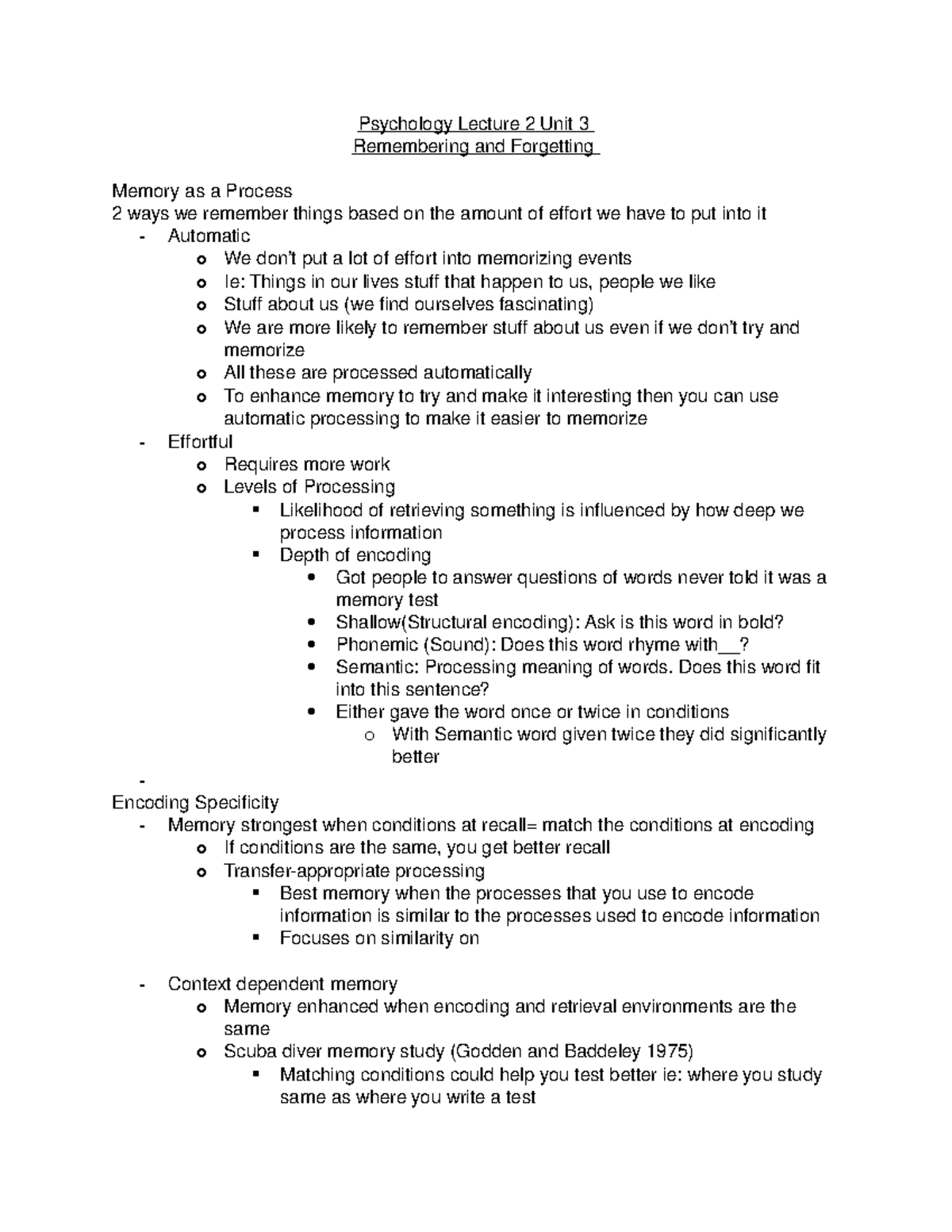 Psychology Lecture 2 Unit 3 - Psychology Lecture 2 Unit 3 Remembering ...