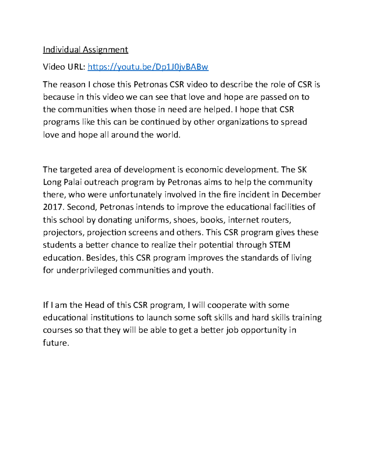 Individual assignment - Individual Assignment Video URL: youtu ...