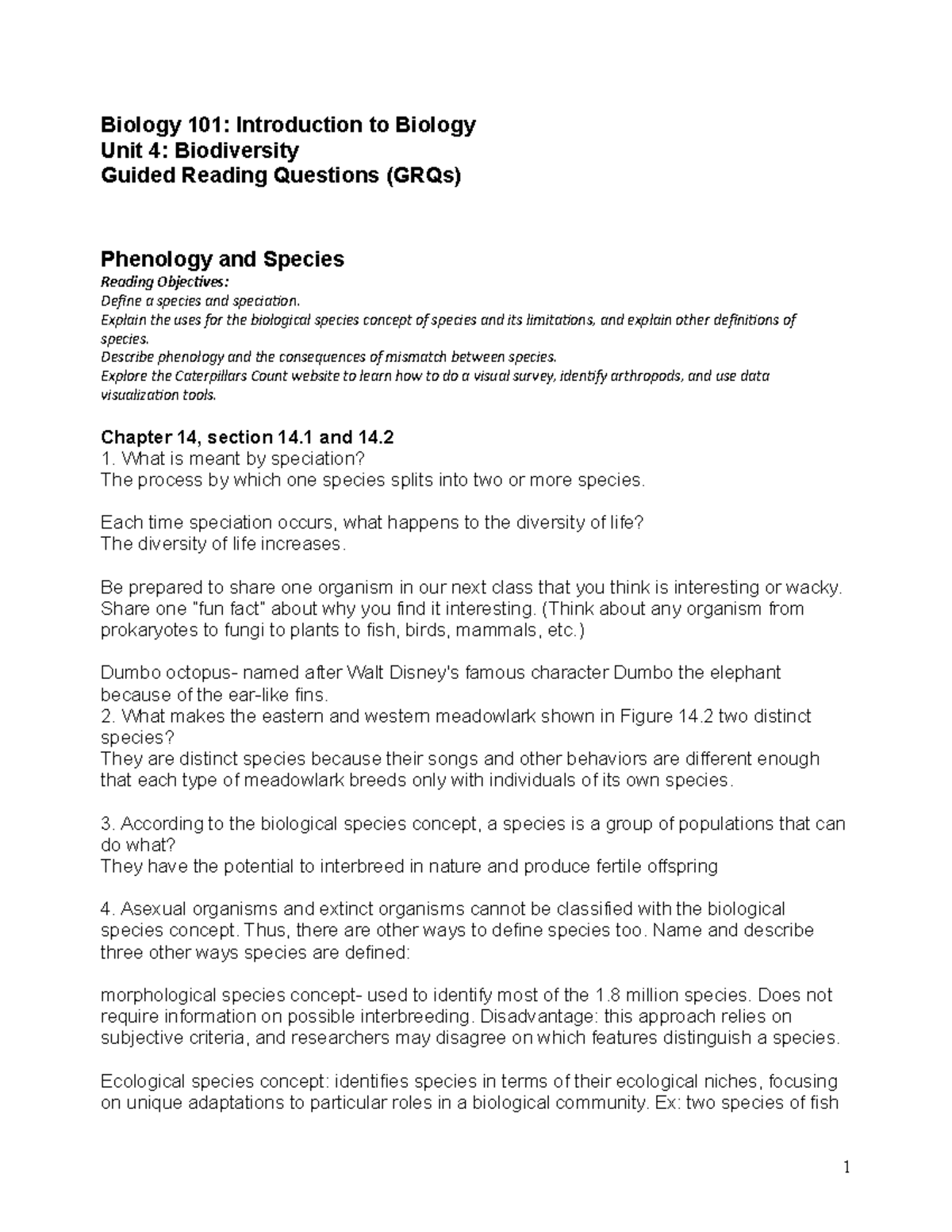 GRQ's Unit 4 - Biology 101: Introduction to Biology Unit 4 ...