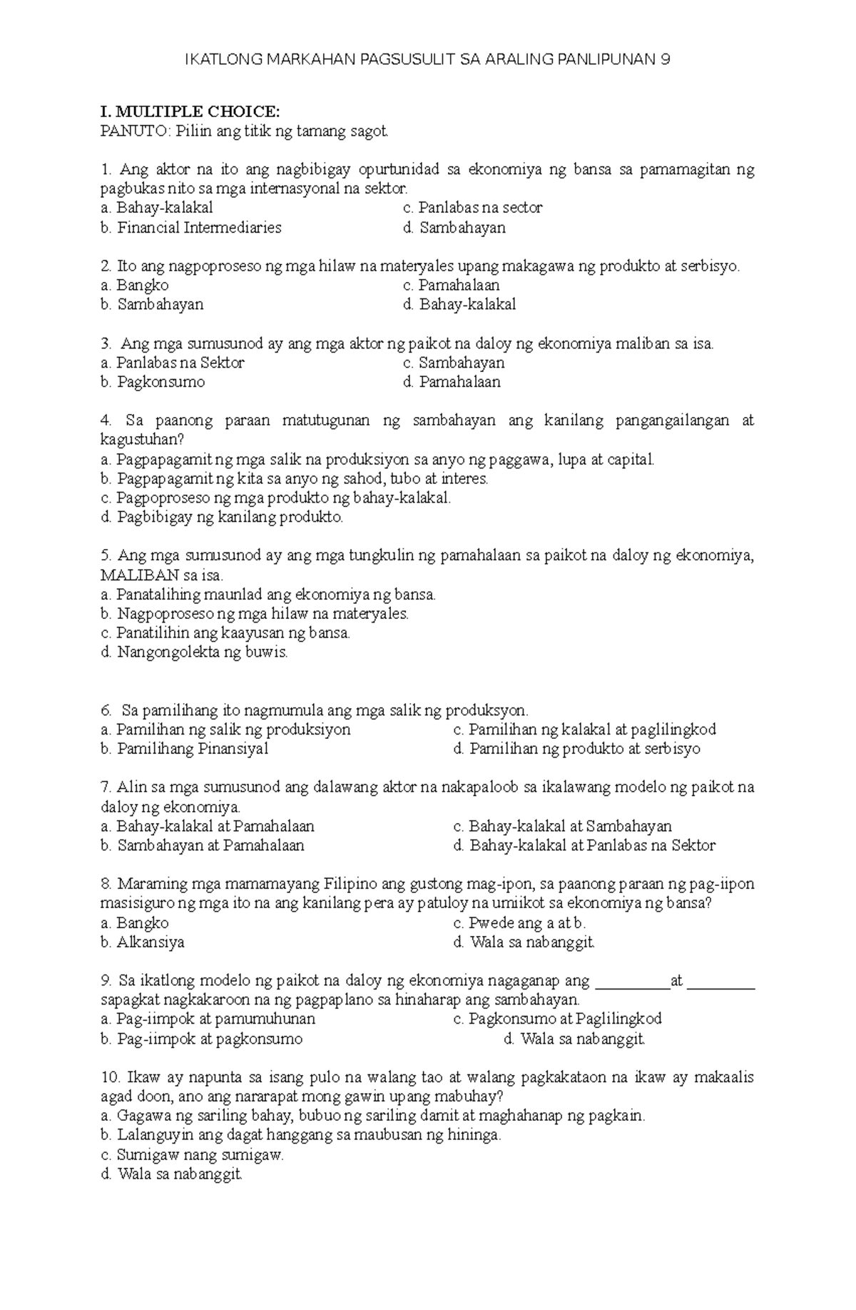 EXAM FOR Grade 9 - IKATLONG MARKAHAN PAGSUSULIT SA ARALING PANLIPUNAN 9 ...