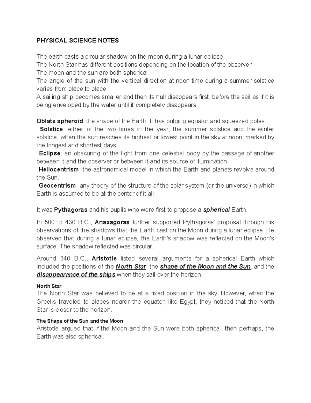 Copy of 2.0 Physical Science - PHYSICAL SCIENCE NOTES The earth casts a ...