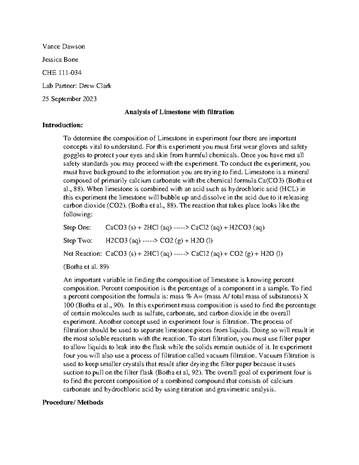 4 dawson vance - Vance Dawson Jessica Bone CHE 111- 034 Lab Partner ...