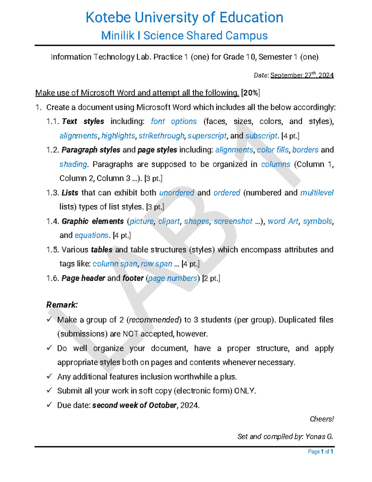 Grade 10 Lab 1 - asdfgh,j.km - Kotebe University of Education Minilik I ...