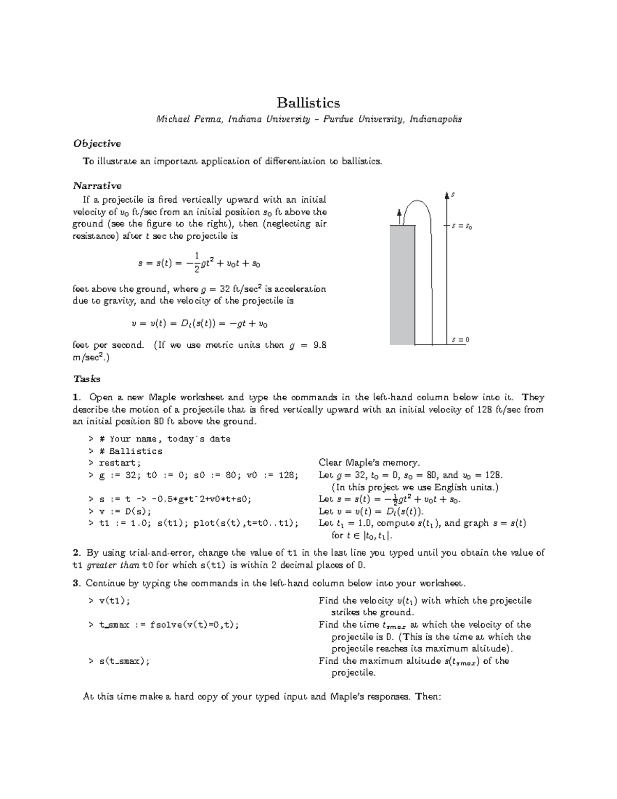 Computer Project 5 - s s = s 0 s = 0 Ballistics Michael Penna, Indiana ...