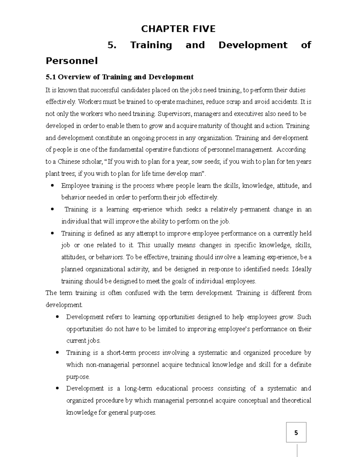 CH - 5 - essential for mgt students - CHAPTER FIVE 5. Training and ...