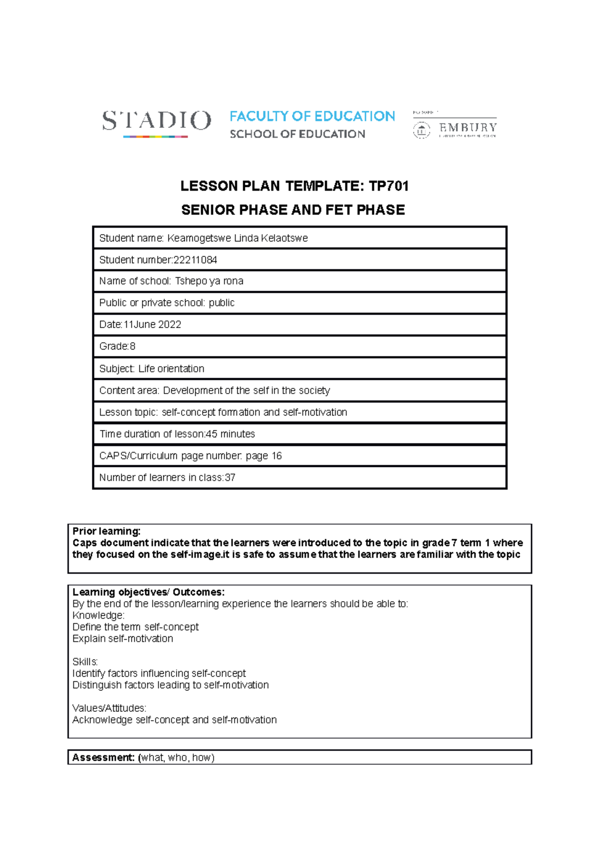 Development of the self in society - LESSON PLAN TEMPLATE: TP SENIOR ...