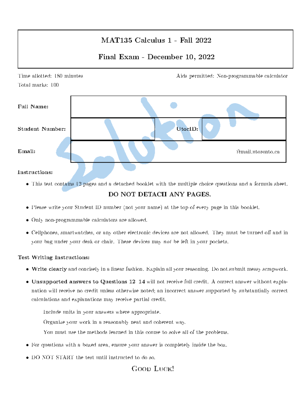 2022 Final Solutions - MAT 135 Calculus 1 - Fall 2022 Final Exam ...
