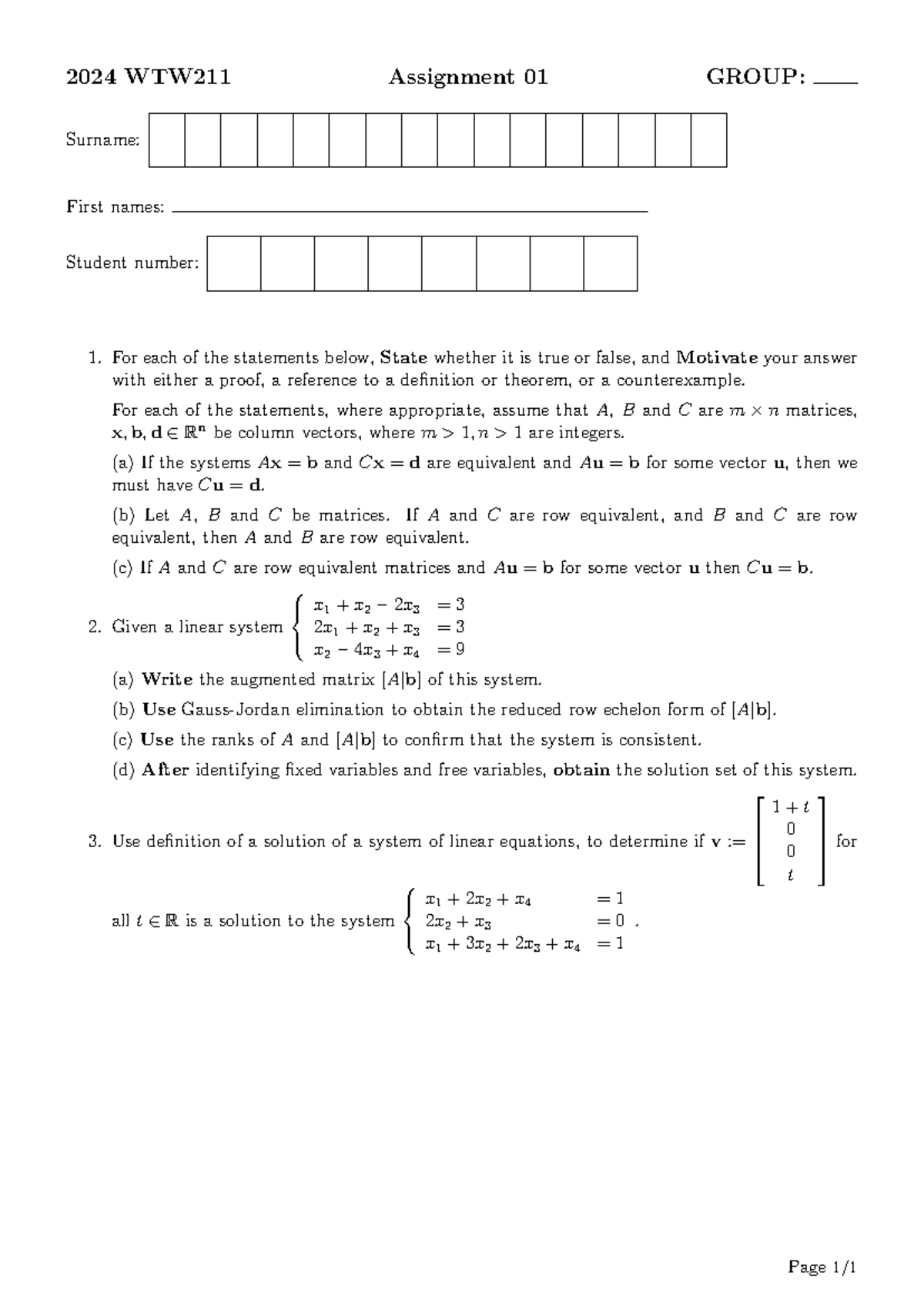Assign 01 - 2024 WTW211 Assignment 01 GROUP: Surname: First names: Student number: For each of ...
