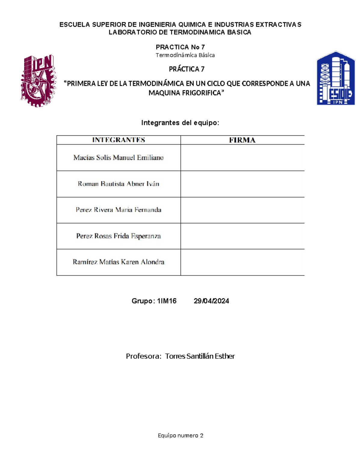 Practica 7 termo - LABORATORIO DE TERMODINAMICA BASICA PRACTICA No 7 Termodinámica Básica ...