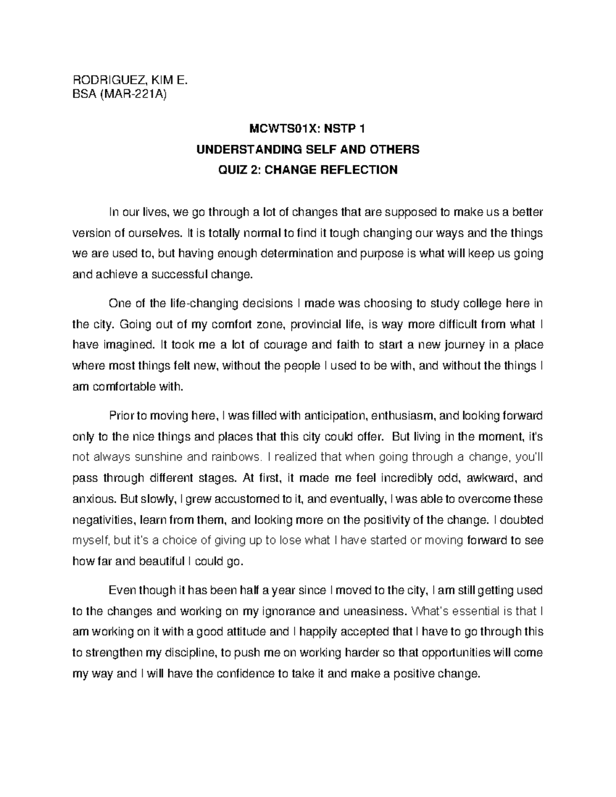 REFLECTION PAPER ABOUT CHANGE - RODRIGUEZ, KIM E. BSA (MAR-221A ...