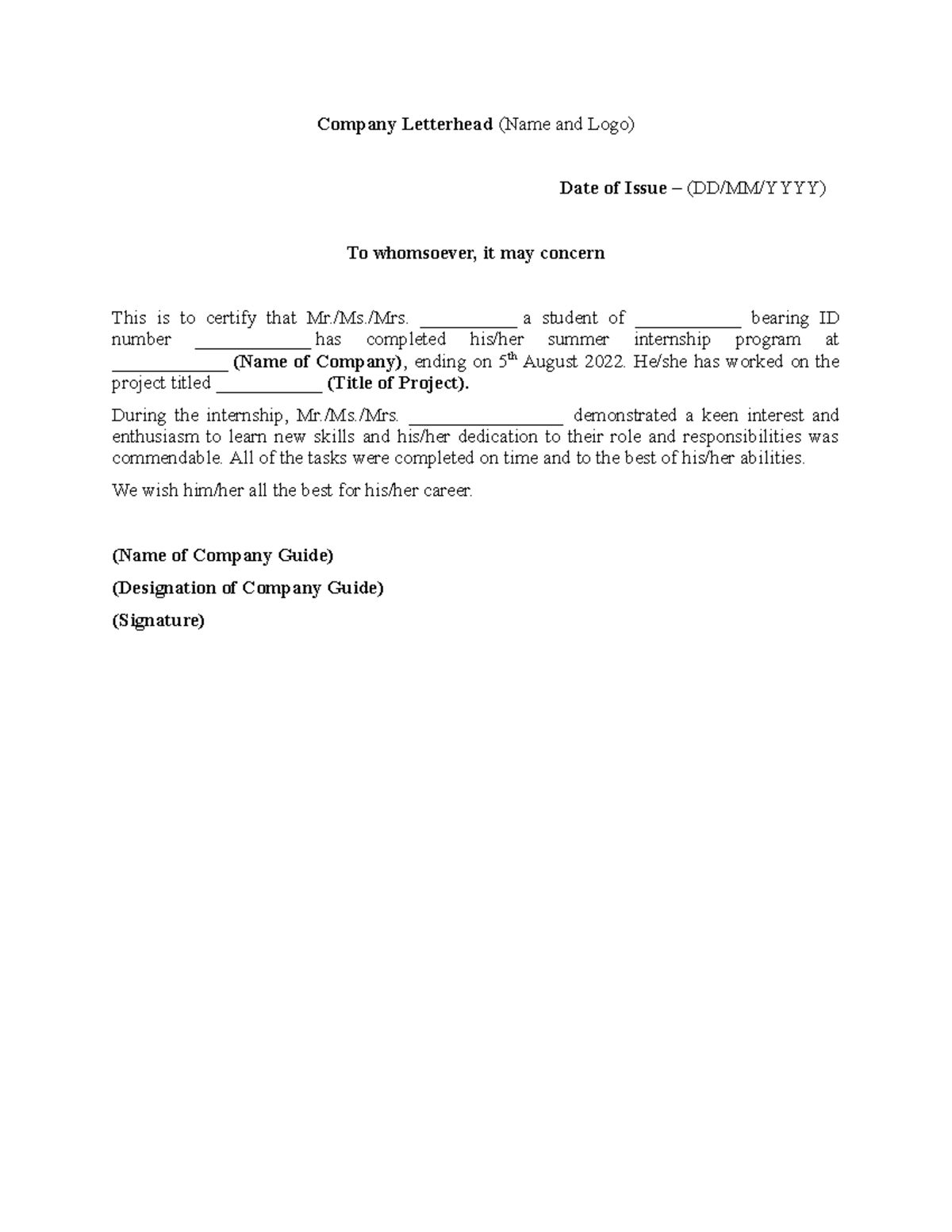 SIP Certificate Format - Company Letterhead (Name and Logo) Date of ...