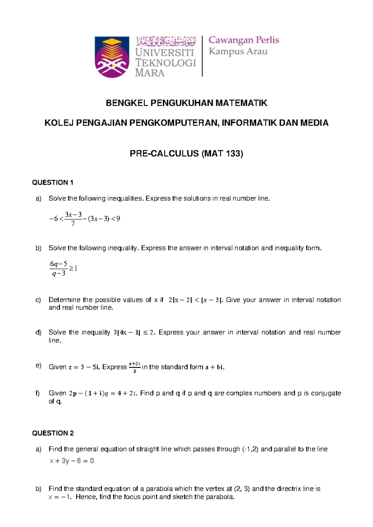 MAT 133 Question Collection - BENGKEL PENGUKUHAN MATEMATIK KOLEJ ...