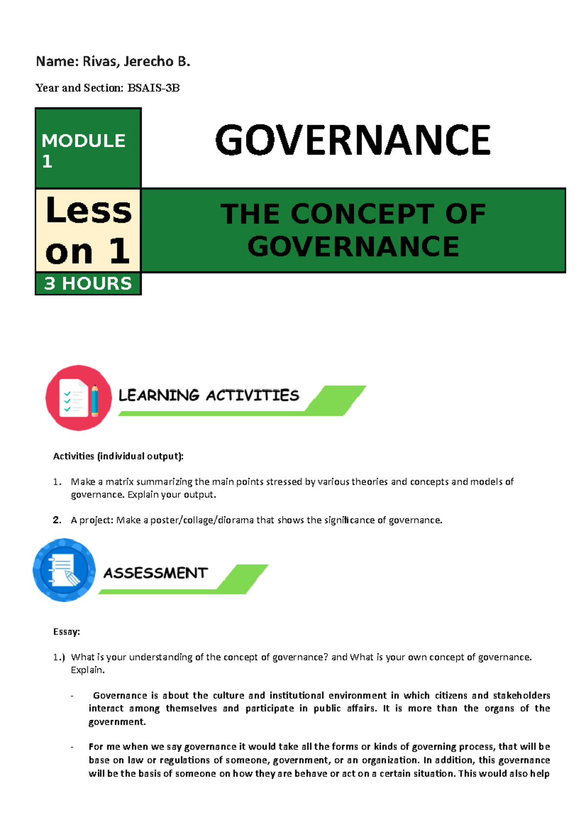 Module-1-Lesson-1-The-Concepts-of-Governance - Name: Rivas, Jerecho B ...