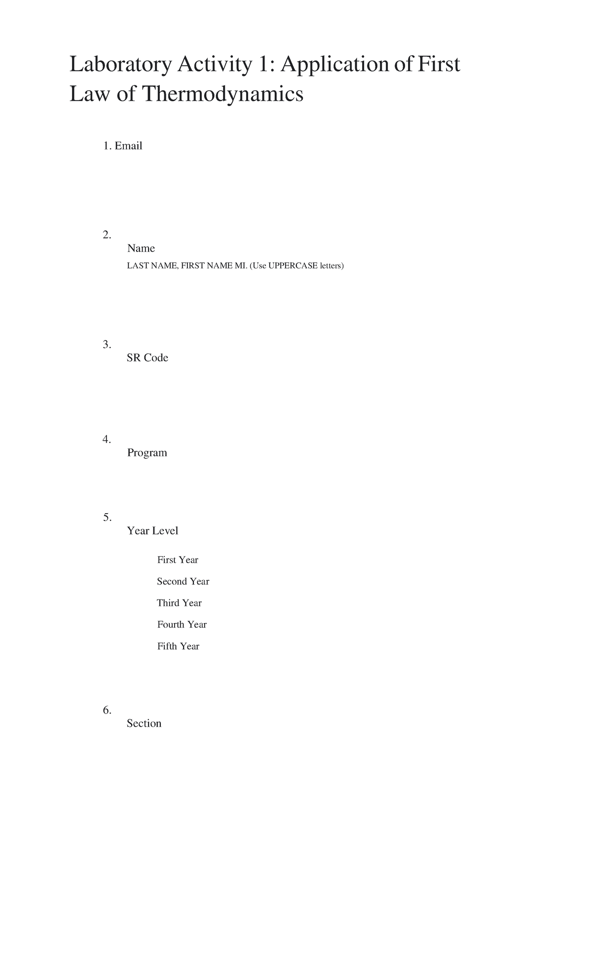 Physics lab - hehe - Laboratory Activity 1: Application of First Law of ...