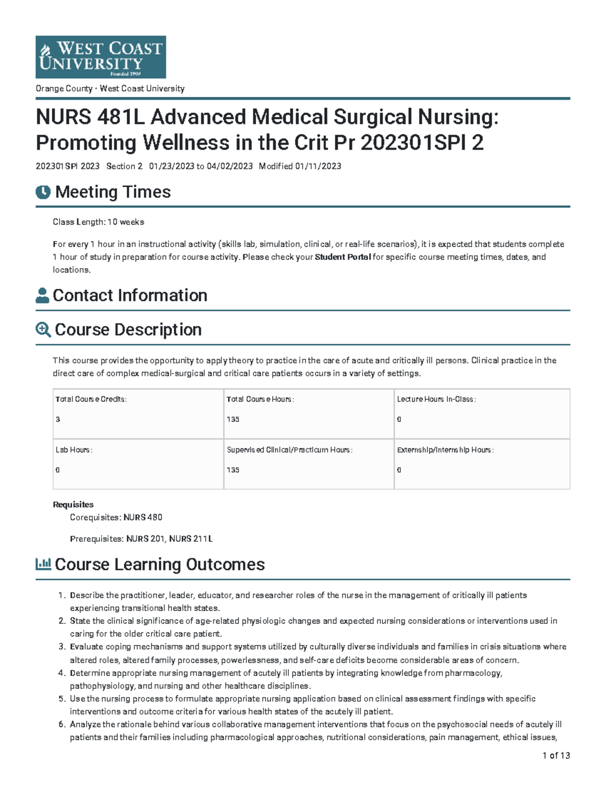 NURS 481 L Advanced Medical Surgical Nursing Promoting Wellness in the ...