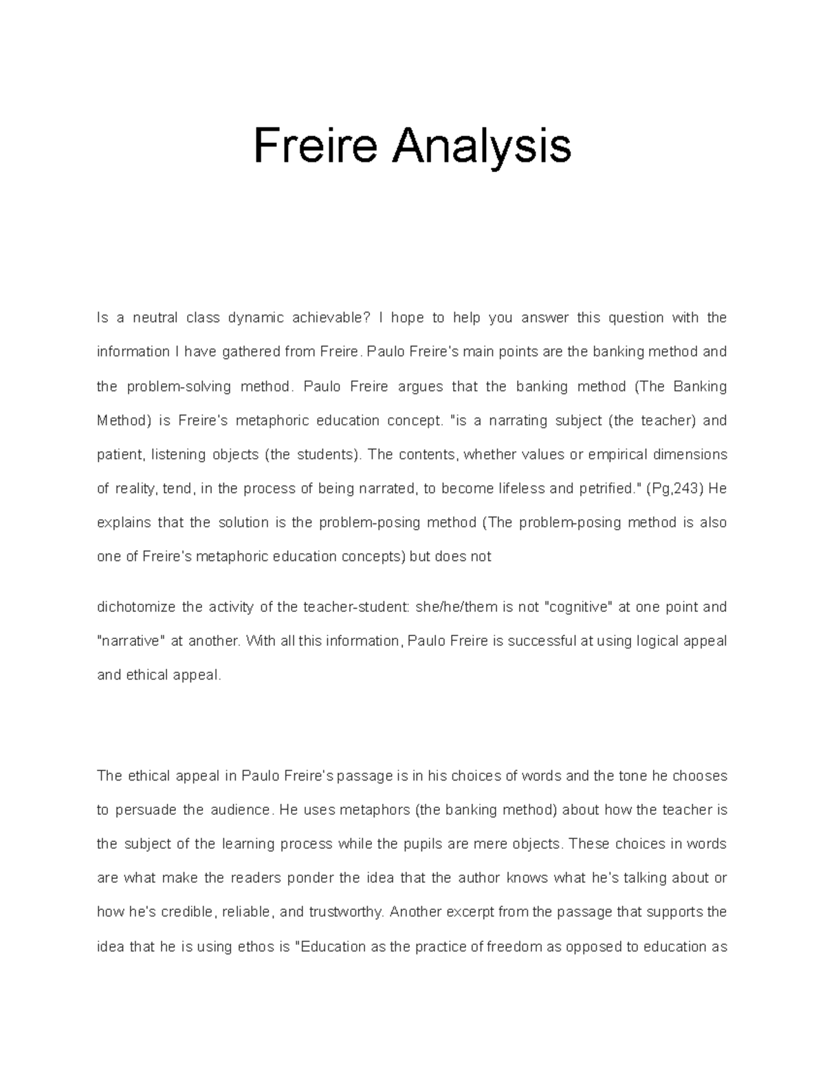 Freire analysis - Freire Analysis Is a neutral class dynamic achievable ...