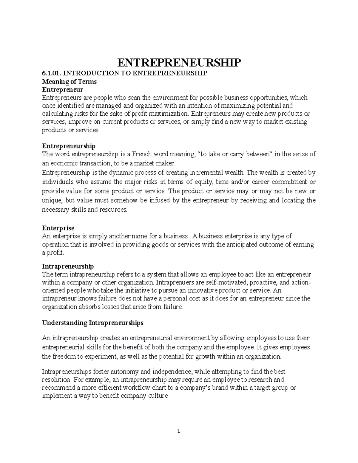 Entrepreneurship Notes 2022-1 - ENTREPRENEURSHIP 6.1. INTRODUCTION TO ...