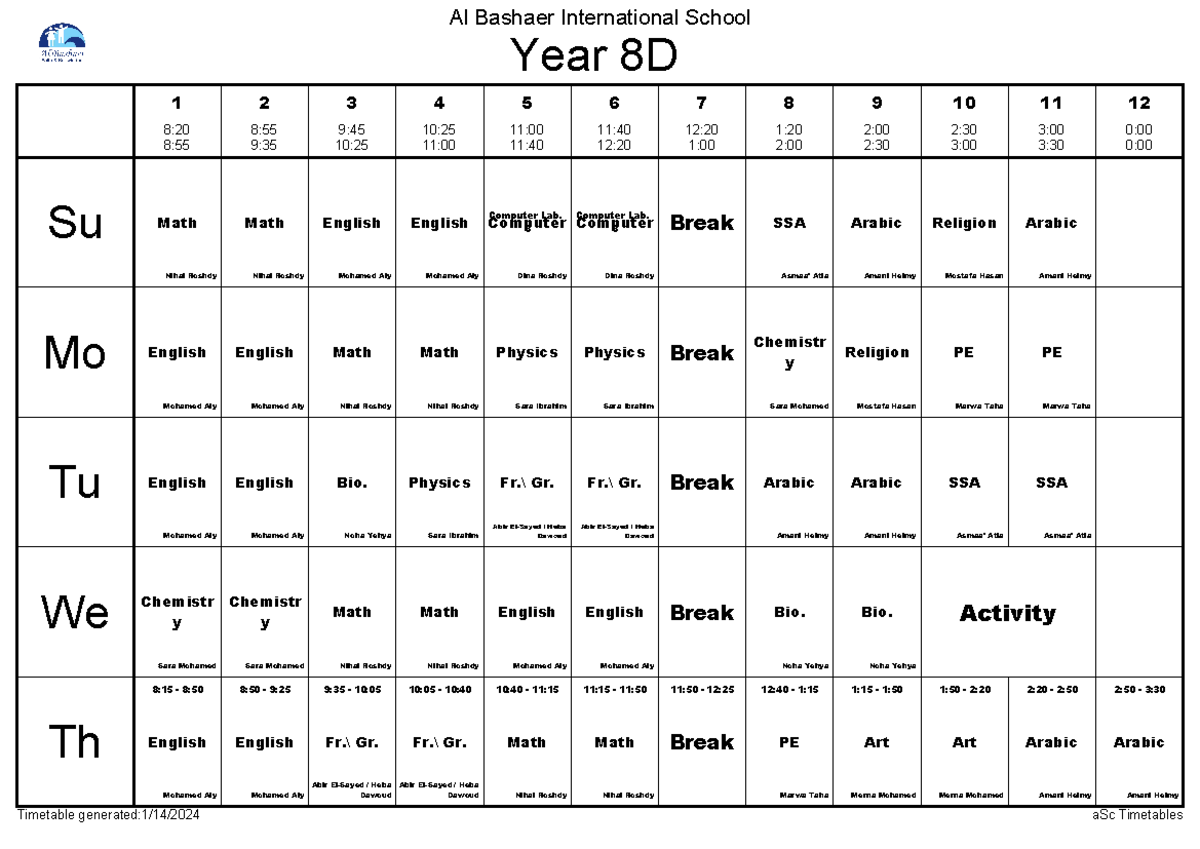 Schedule - Hohbj - Timetable generated:1/14/2024 aSc Timetables Break ...