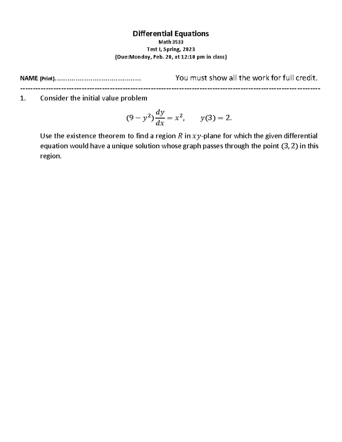 Test 1 Differential Equations - Differential Equations Math 3533 Test I ...