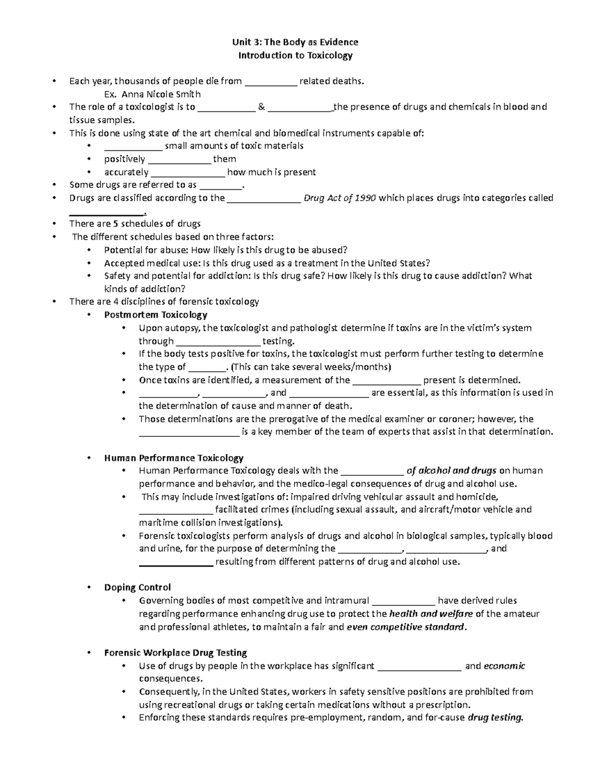 Toxicology FITB notes - .yes - Unit 3: The Body as Evidence ...