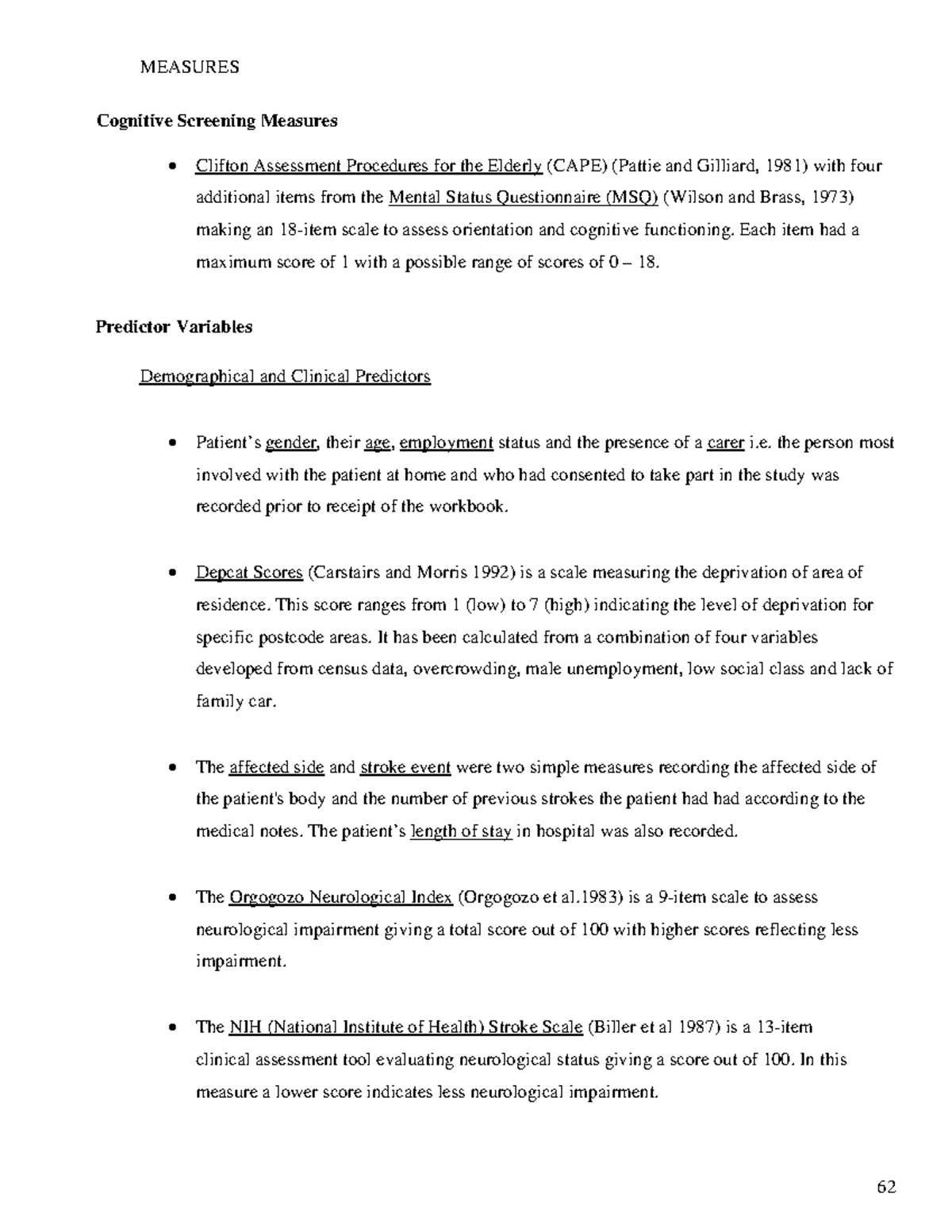 Adherence IN Behavioural 22 - 62 MEASURES Cognitive Screening Measures ...